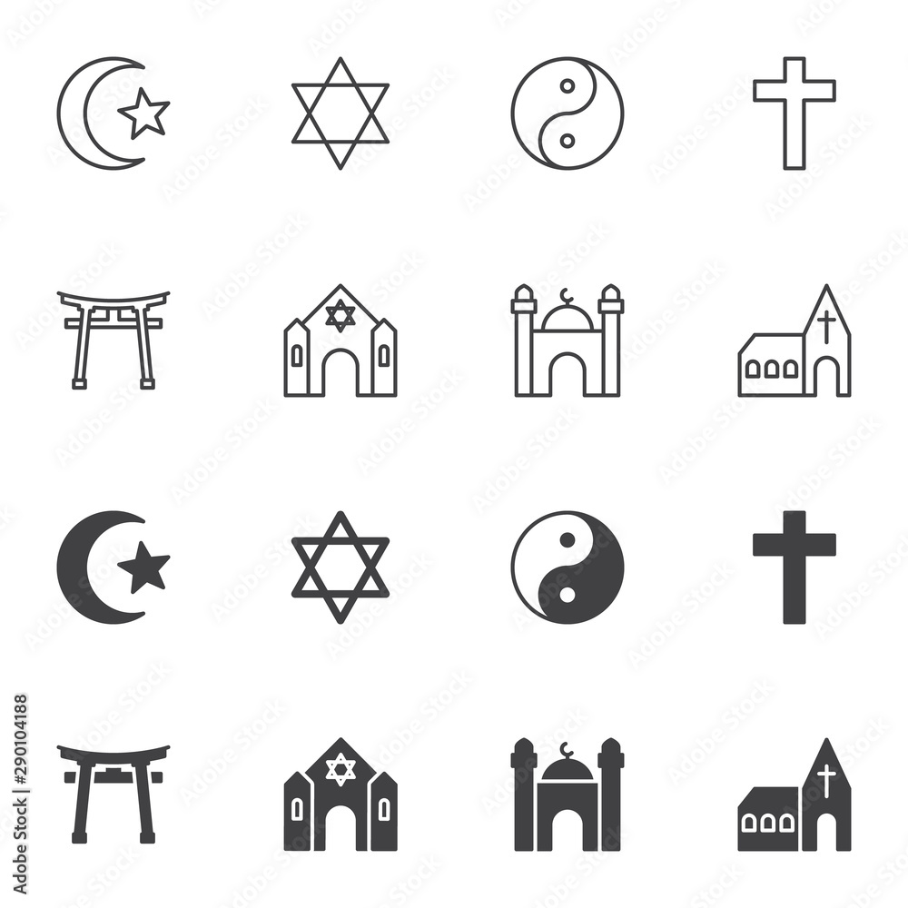 Religion signs icon set, line and glyph version, outline and filled ...