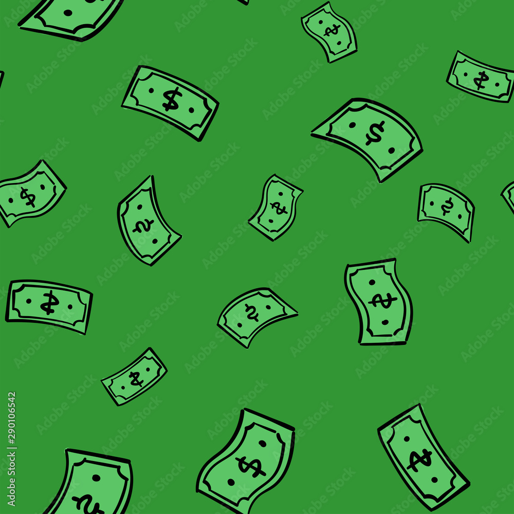 Dollar bills flying, doodle sketch. Hand drawn money falling. Seamless ...