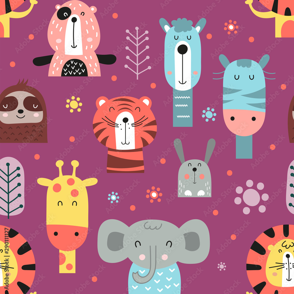 Colorful seamless pattern with cute jungle animals in Scandinavian ...