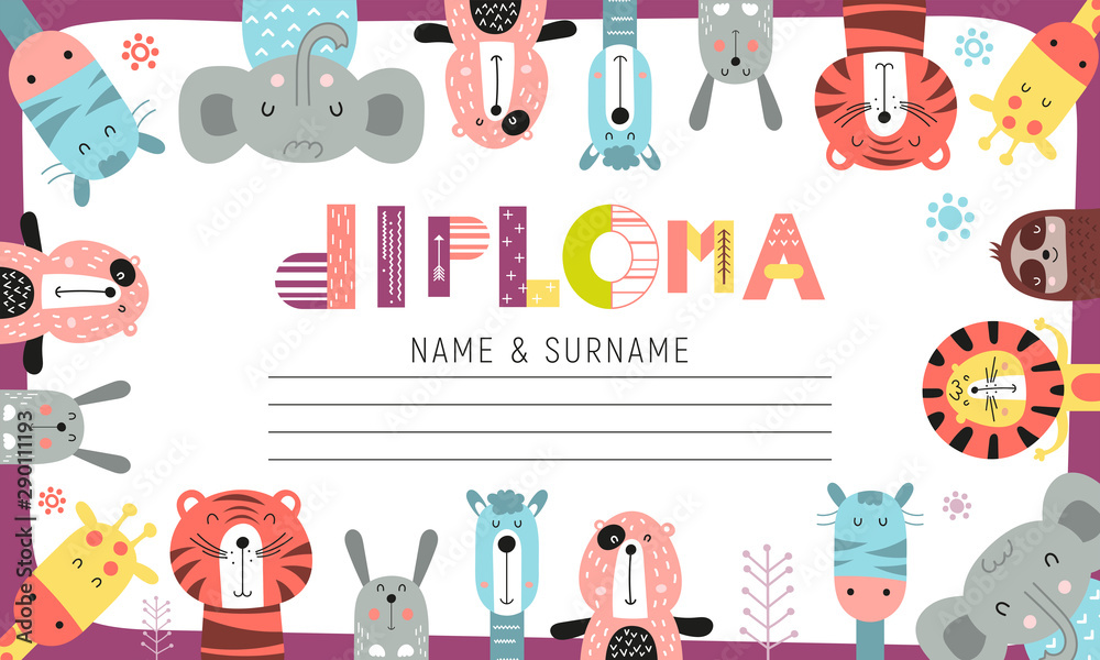 Diploma template for kids, certificate background with hand drawn cute ...