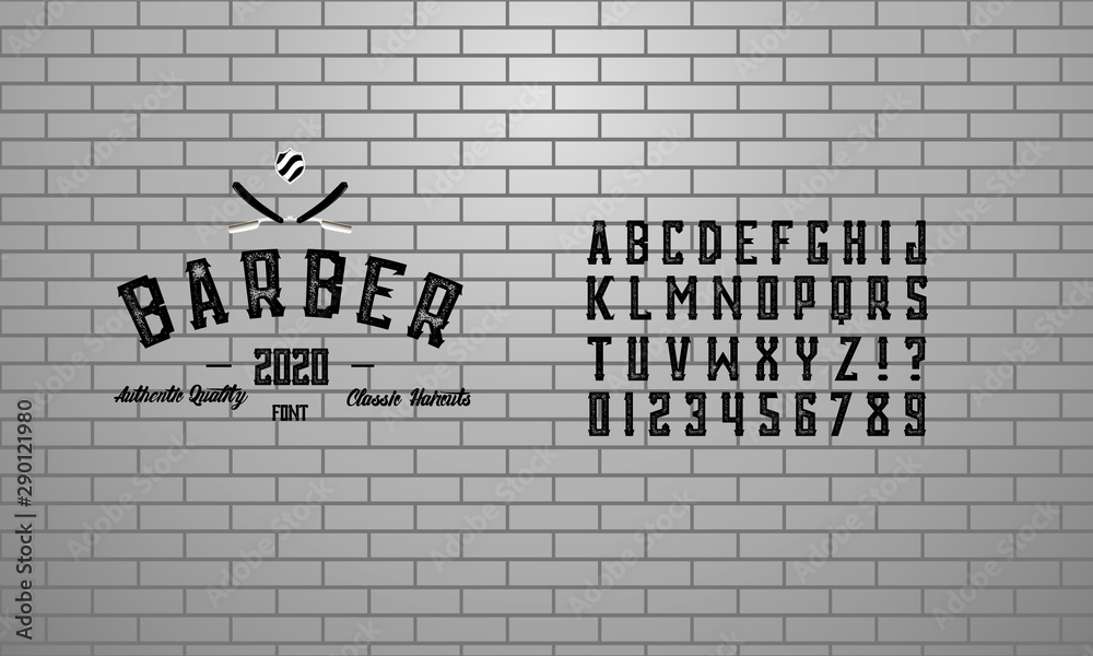 Font. Alphabet. Script. Typeface. Label. Barber Shop typeface, labels ...