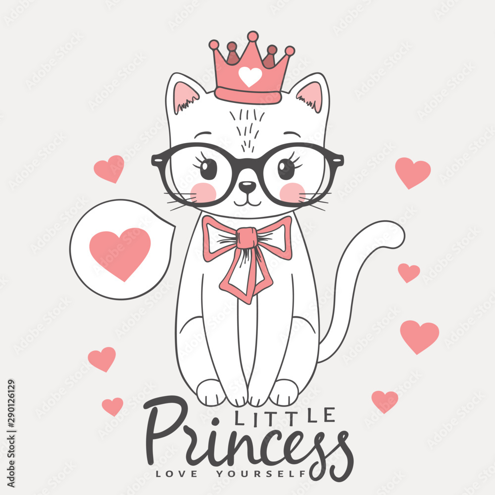 Cute cat princess with crown, glasses, bow tie, heart. Little Princess ...