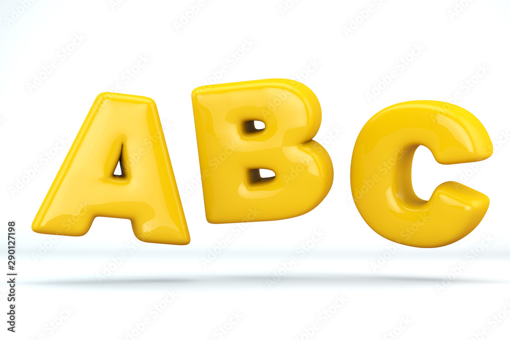 Font glossy plastic yellow, letters A, B, C. 3D render of bubble ...