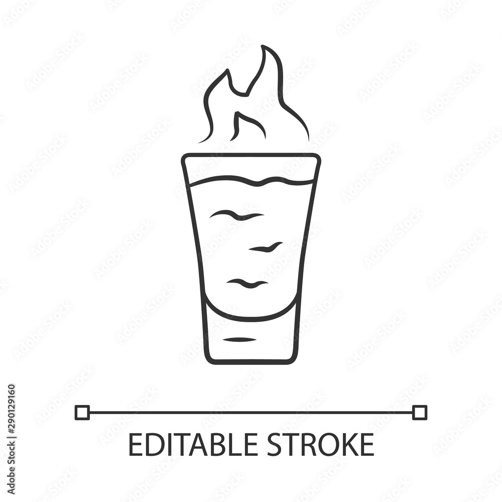 Flaming shot linear icon. Glass with beverage, burning fire. Drink with ...