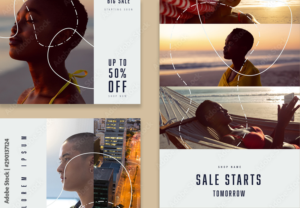 Social Media Set Layout with Line Art Accents Stock Template | Adobe Stock