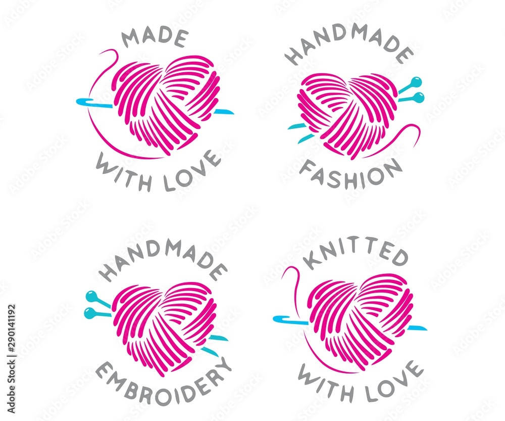 made and knitted with love, Vector set of logo design templates in ...