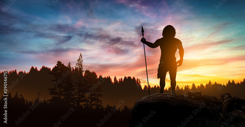 Neanderthal man with a spear in hand Stock Illustration | Adobe Stock