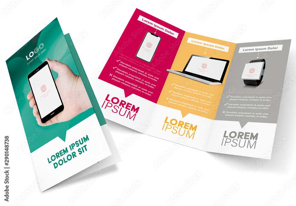 Trifold Brochure Layout with Digital Devices Stock Template | Adobe Stock