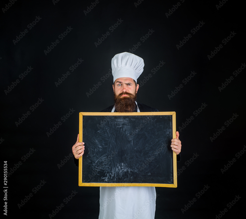 Chef. Empty menu chalkboard with copy space for text. Male chef, cook ...