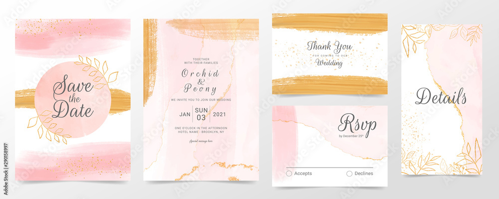 Rose gold wedding invitation cards template set. Abstract watercolor ...