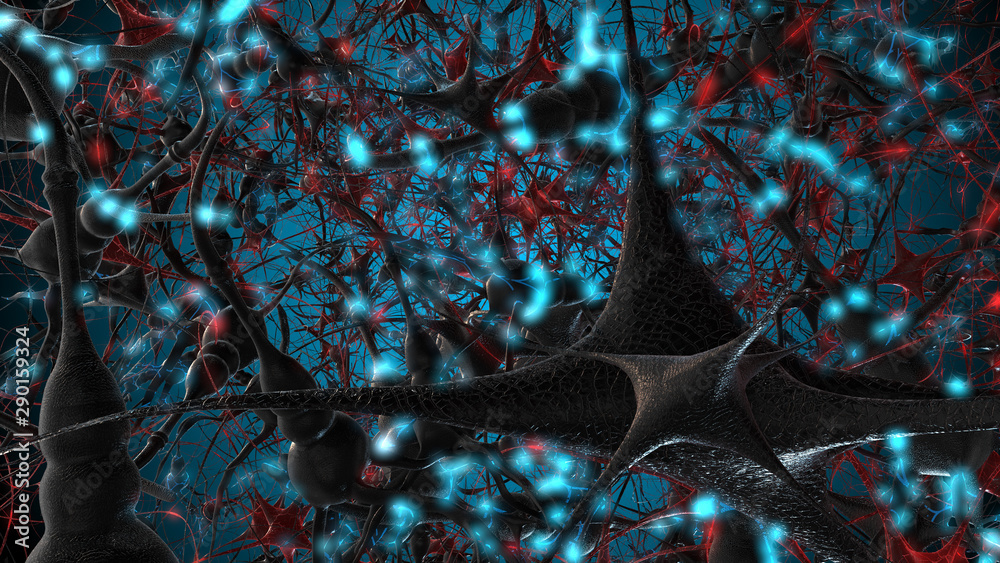 Firing of a neuron brain cell electro-chemical signals - 3D Render ...