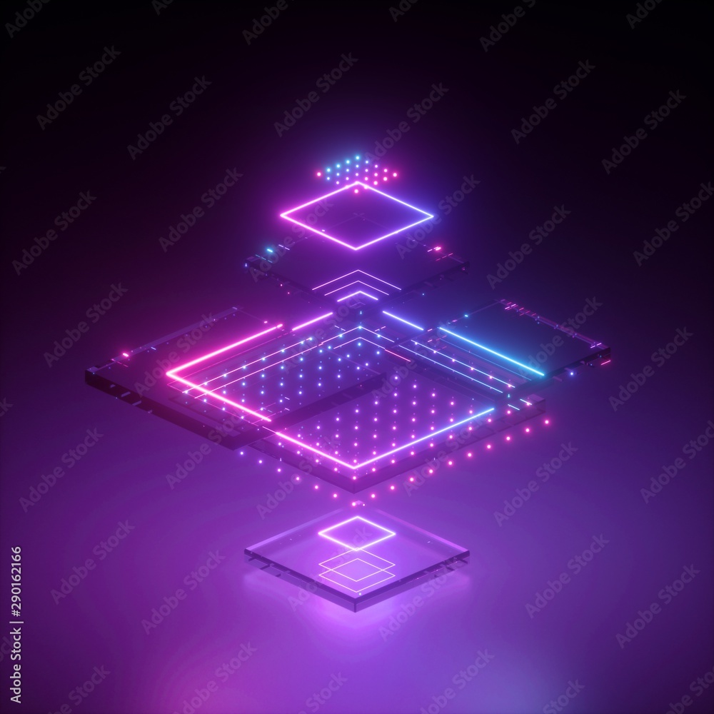 3d render, neon abstract background, geometric shapes in ultraviolet ...