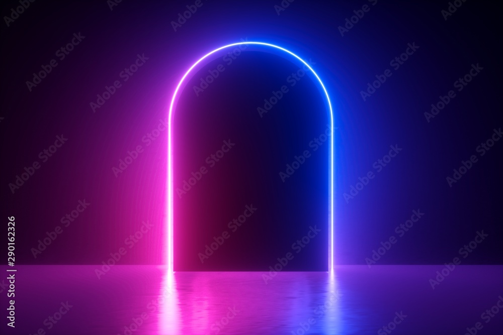 3d render, abstract neon background, minimalism, pink violet arch ...