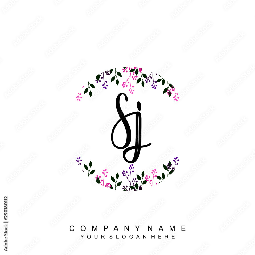 letter SJ surrounded by beautiful and elegant flowers and leaves ...