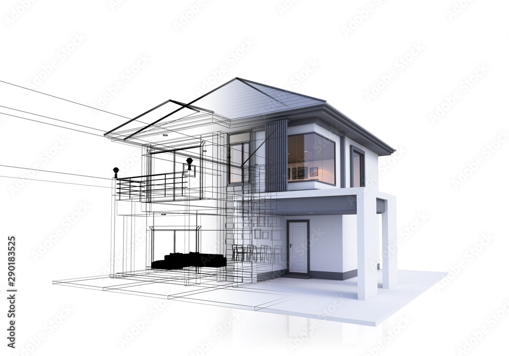 Drawing lines of a 3D render house on a white background for building a ...