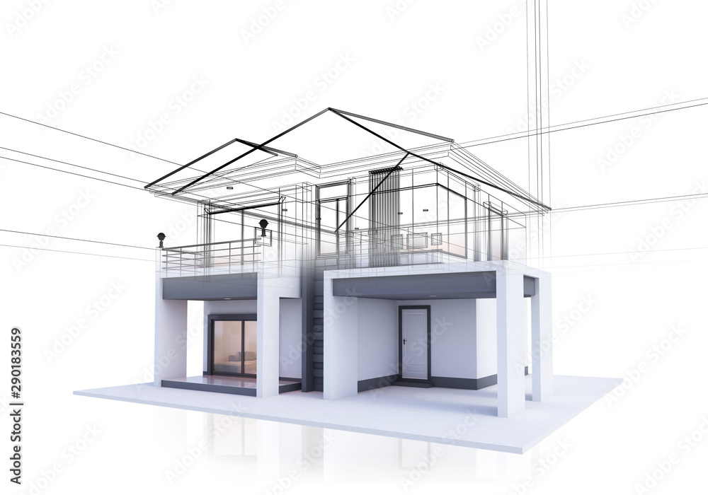 3D illustration, architecture, house blended with line drawings ...