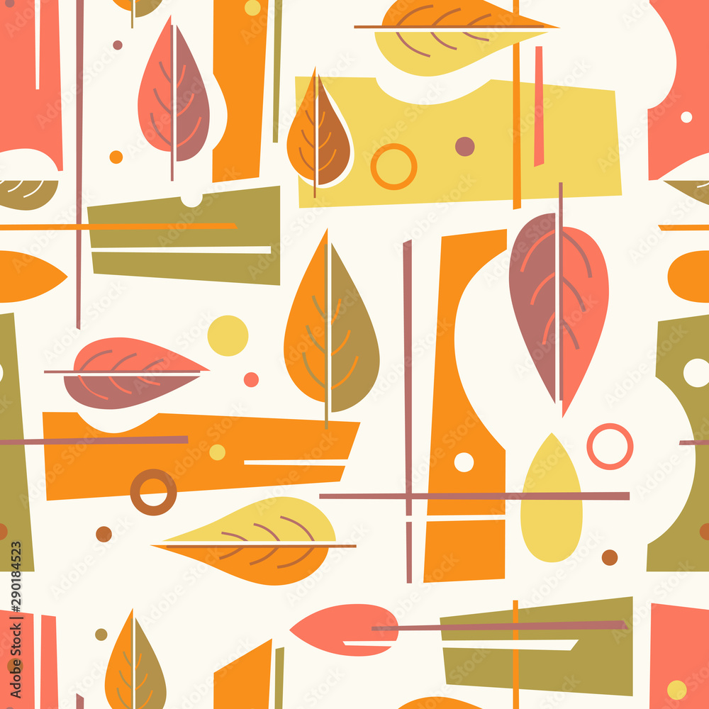 seamless mid century modern autumn pattern with leaves and geometric ...