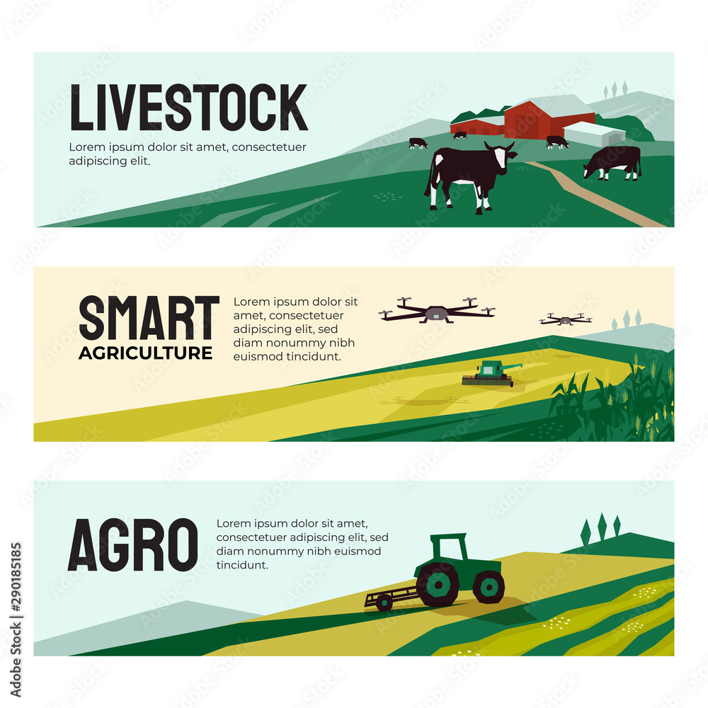 Vector illustrations of agriculture, smart farm with drone control ...