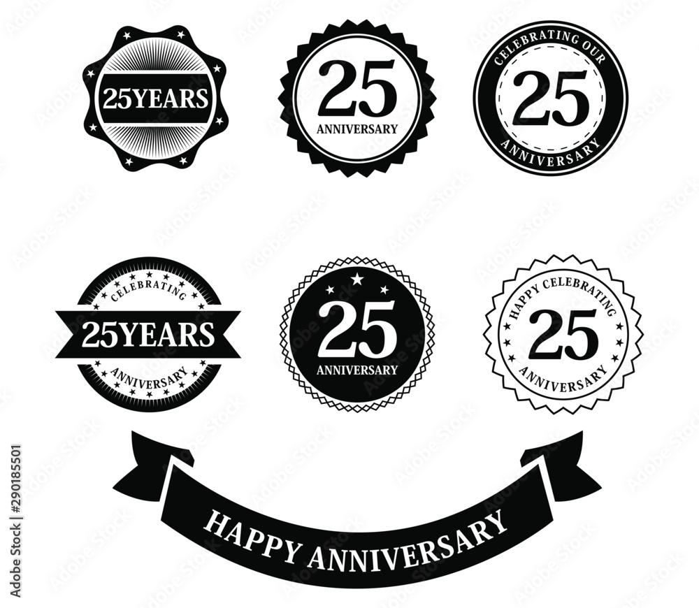 Set of anniversary. 25 years birthday logo label. Isolated on white ...