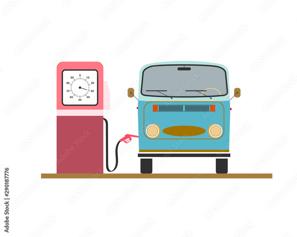 Retro car refuel at the old gas station. Front view. Vector ...