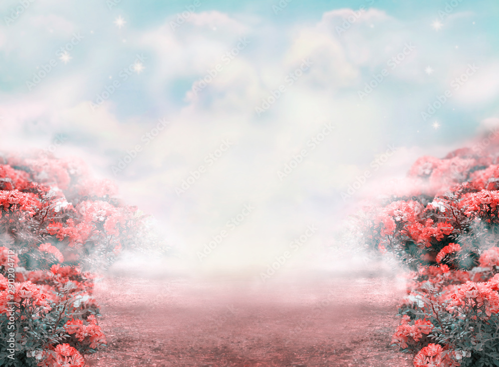 Fantasy summer photo background with roses flowers field and misty path ...