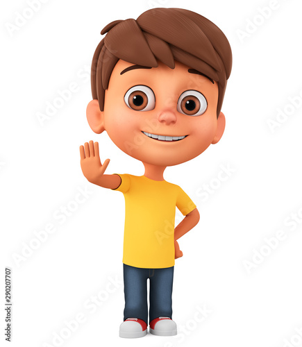 Cartoon character of a little boy showing a stop sign with his hand. 3d ...