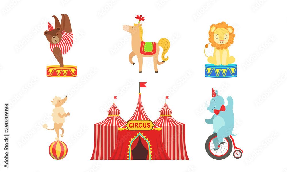 Circus Performers Characters Set, Marquee, Circus Animals, Lion, Bear ...