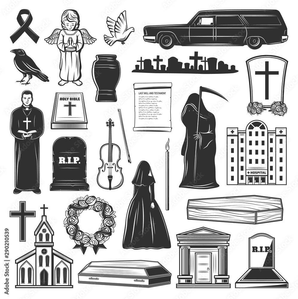Funeral symbols, cemetery and death grief icons Stock Vector | Adobe Stock