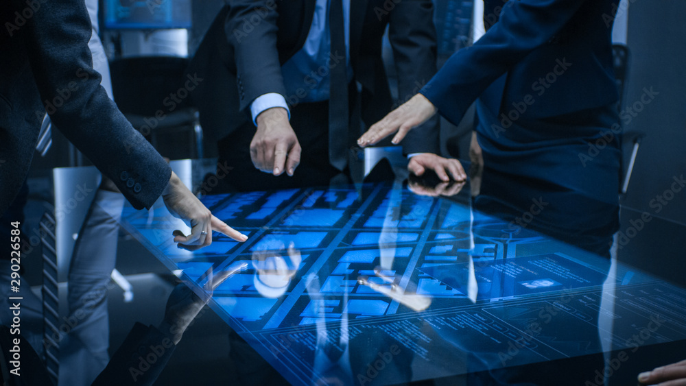 Diverse Team of Government Intelligence Agents Standing Around Digital ...