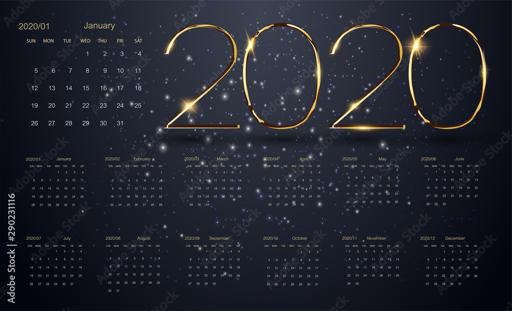 2020 New Year Black background. Gold text. Calendar design in black and ...