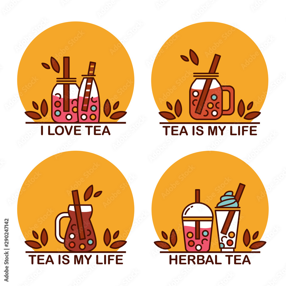 Vector set of boba tea signs, symbols. Icons of portable cups, elements ...