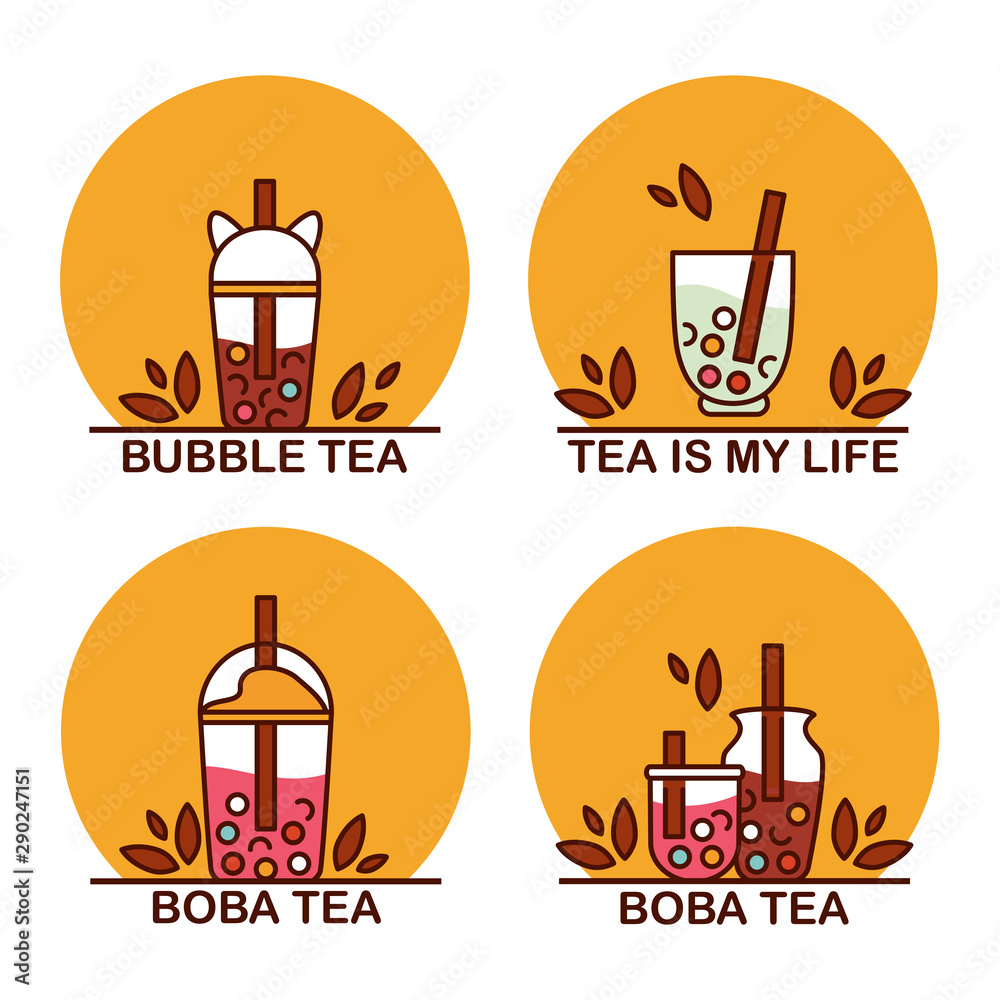 Vector set of boba tea signs, symbols. Icons of portable cups, elements ...