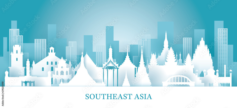 Photo Southeast Asia Skyline Landmarks in Paper Cutting Style ...