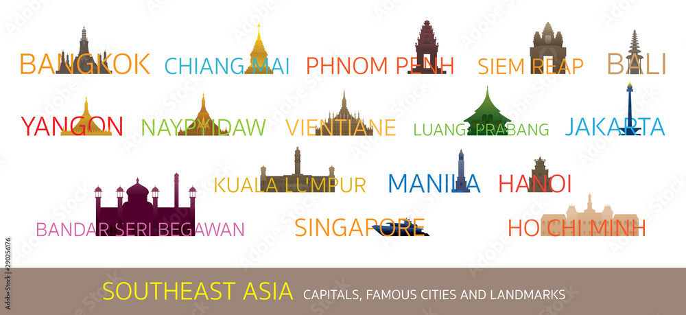Southeast Asia Cities Landmarks with Text or Word Stock Vector | Adobe ...