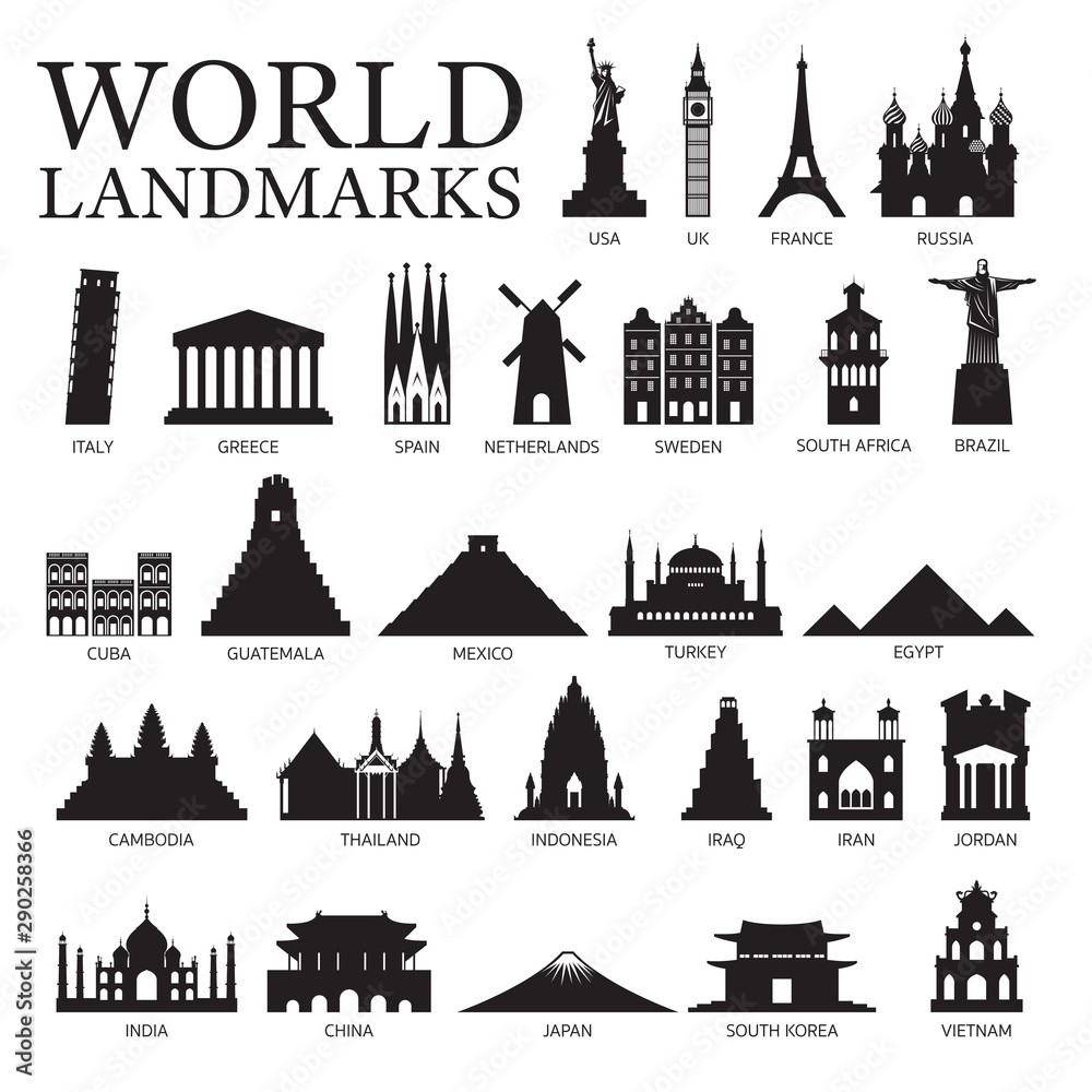 World Countries Landmarks Silhouette Set Stock Vector | Adobe Stock