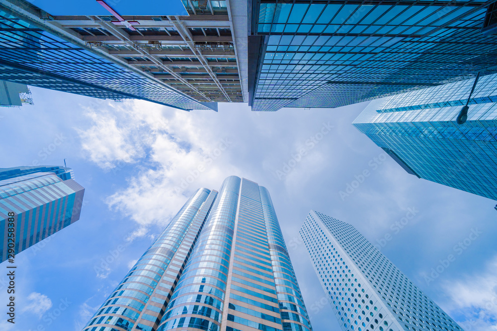 Looking up to high-rise office buildings, skyscrapers, architectures in ...