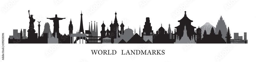 Poster World Skyline Landmarks in Black and White Silhouette – Wall Art ...