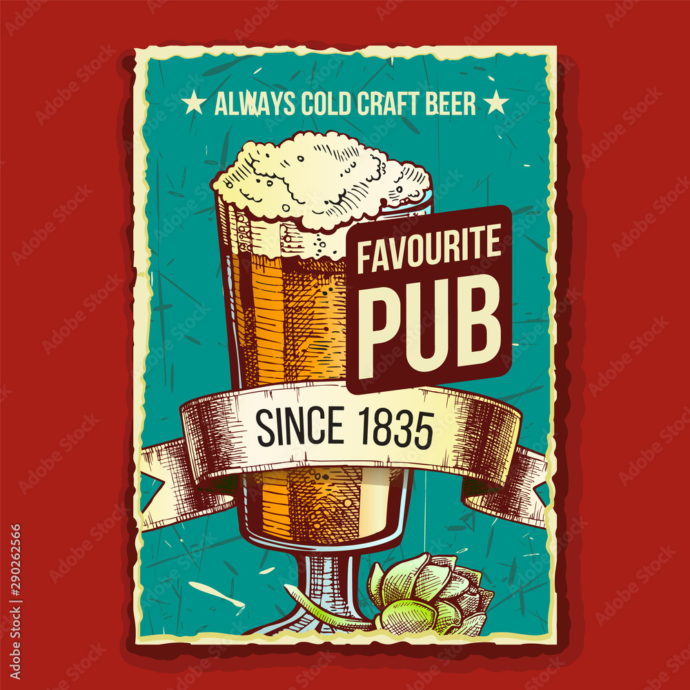 Beer Glass Favorite Pub Advertising Poster Vector. Always Cold Craft ...