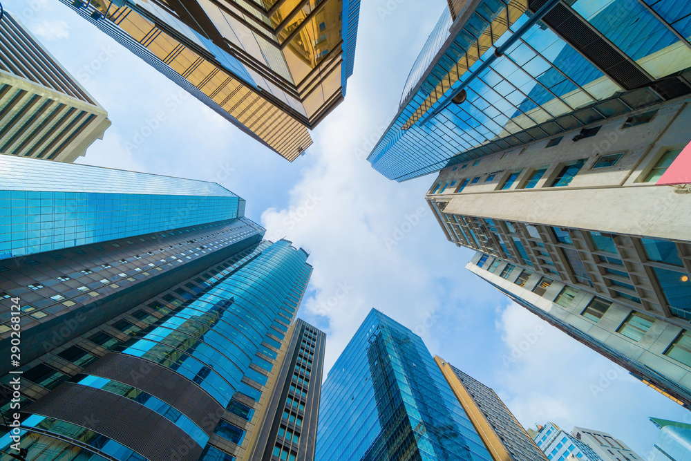 Looking up to high-rise office buildings, skyscrapers, architectures in ...