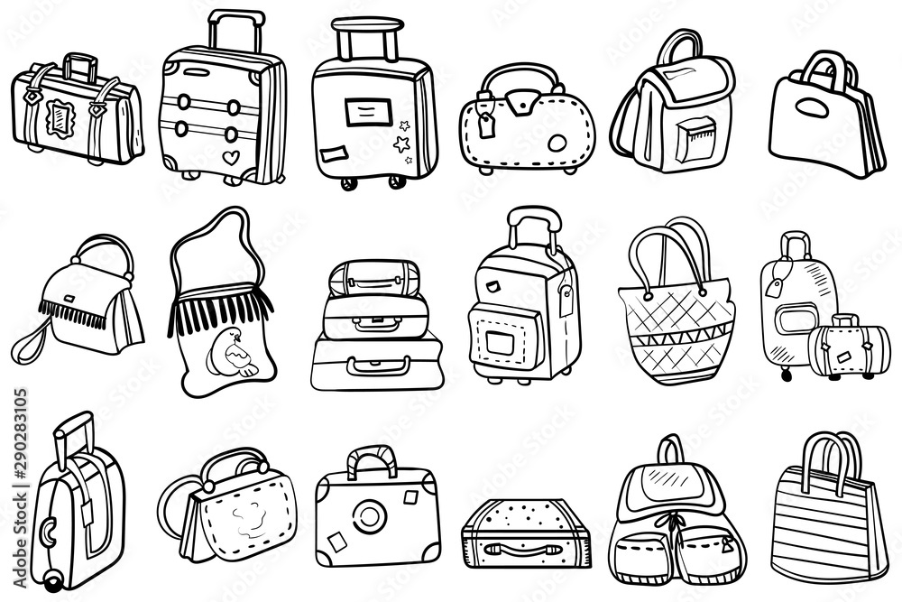 Collection of doodle bags, backpacks, suitcases and beach bags ...