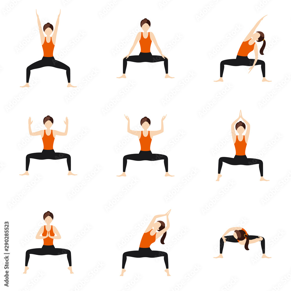 Goddess pose variations yoga asanas set/ Illustration stylized woman ...