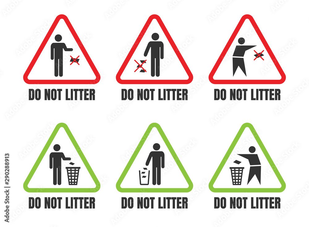 Do not litter triangle signs set, keep clean icons Stock Vector | Adobe ...
