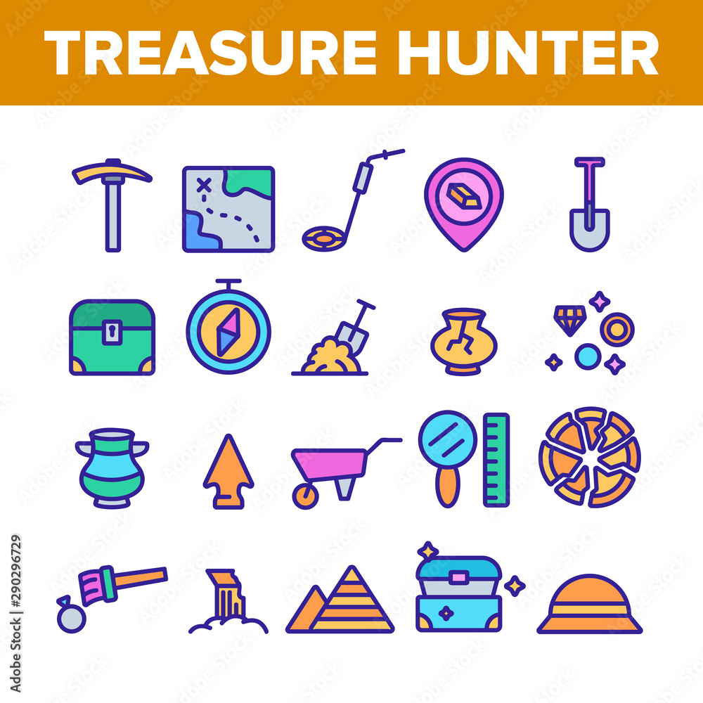Treasure Hunter Collection Tool Vector Icons Set Thin Line. Map With ...