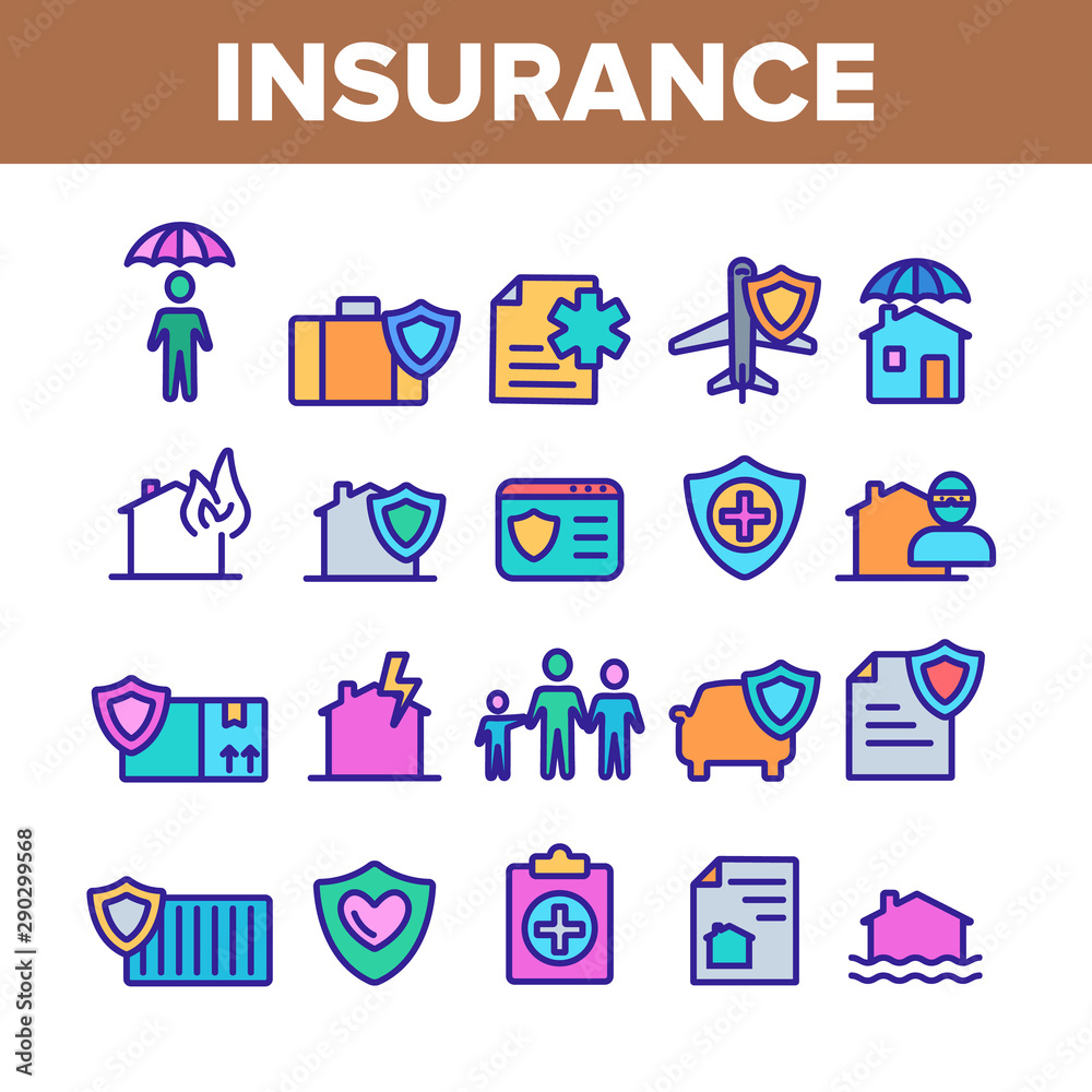 Insurance Collection Elements Vector Icons Set Thin Line. House ...