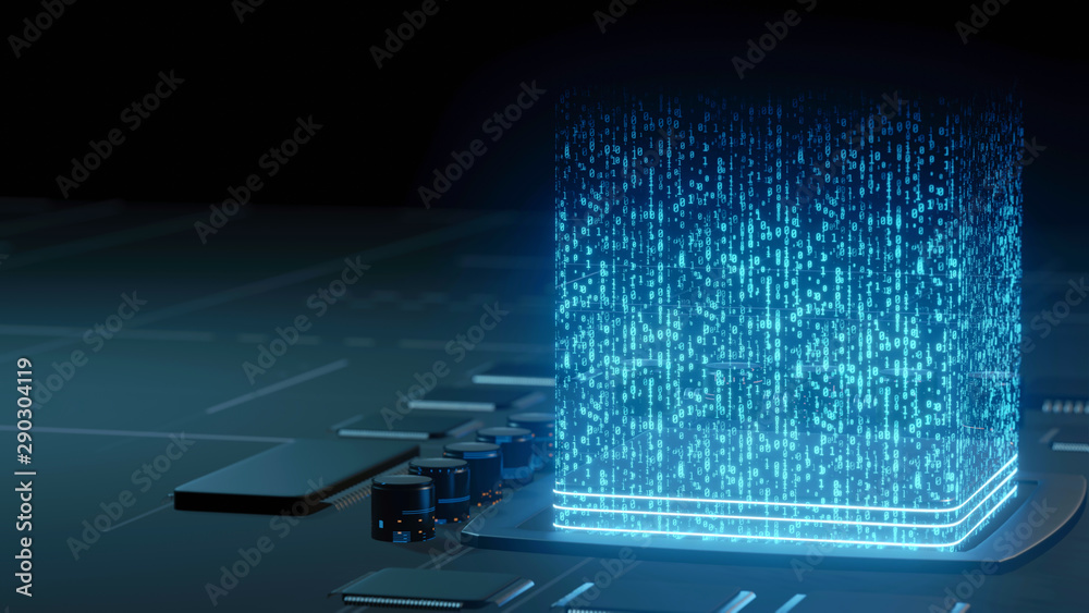3d Rendering Of Digital Binary Data On Microchip With Glow Circuit Board Background Concept Of