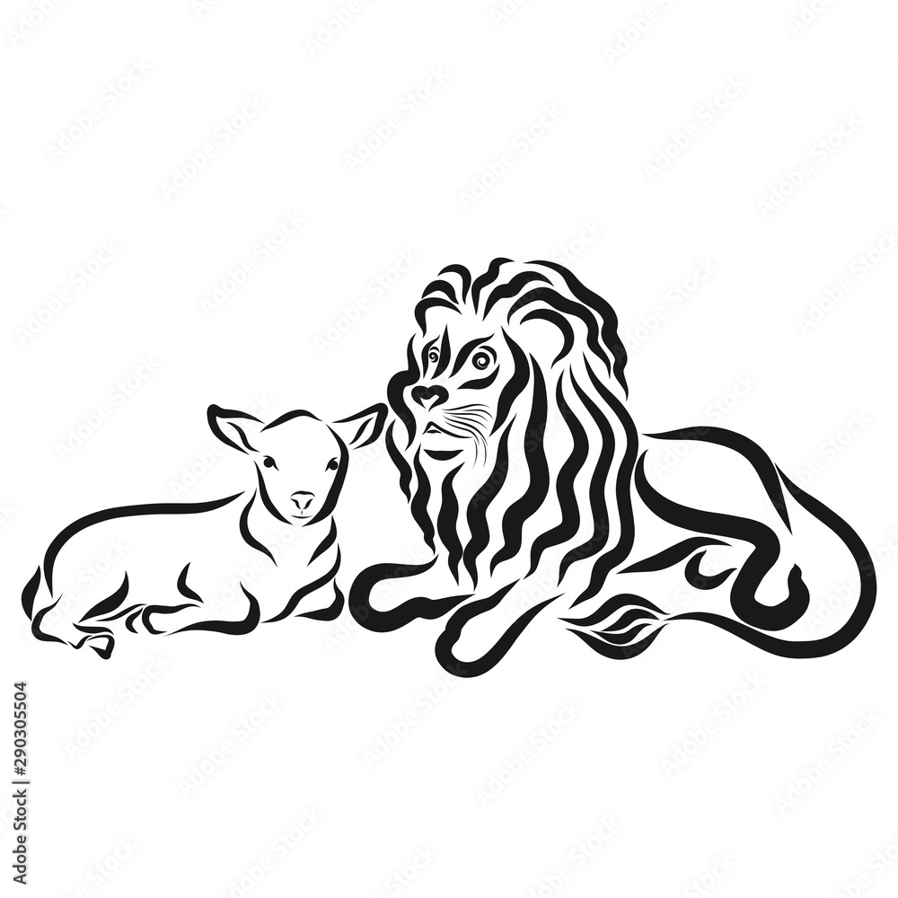 Strong lion and young lamb together, black outline Stock Illustration ...