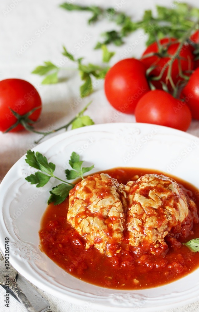 brains of a cow, sheep or calf in tomato sauce. dishes with offal. dish ...