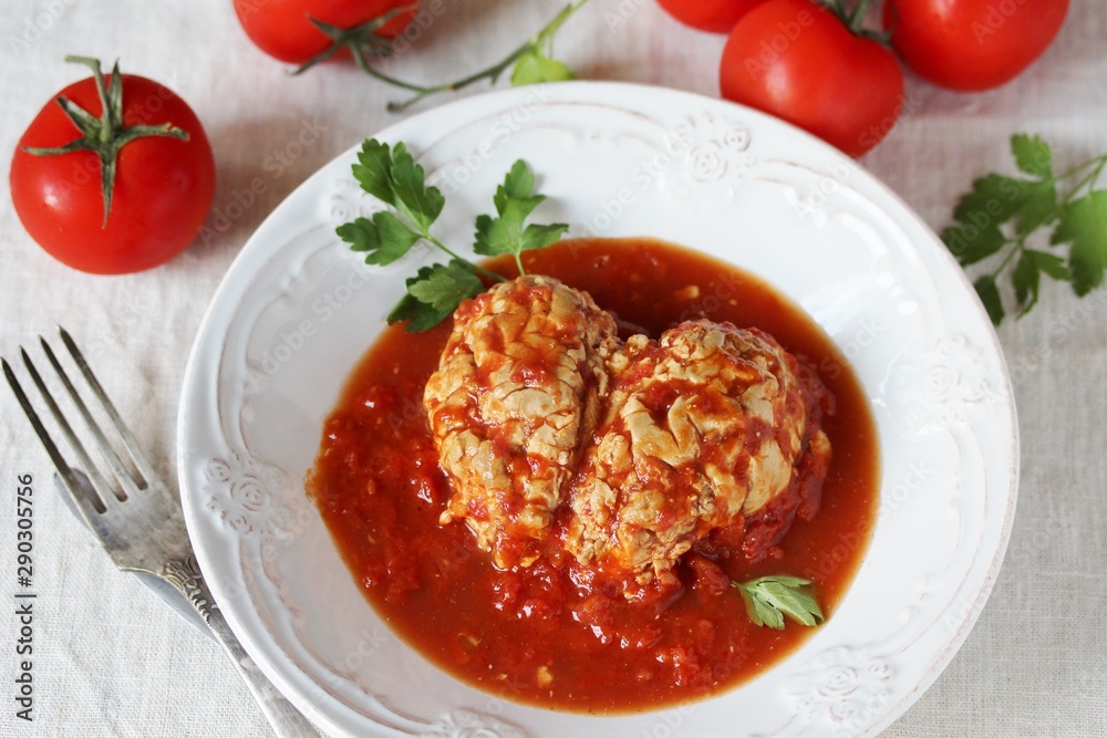 brains of a cow, sheep or calf in tomato sauce. dishes with offal. dish ...