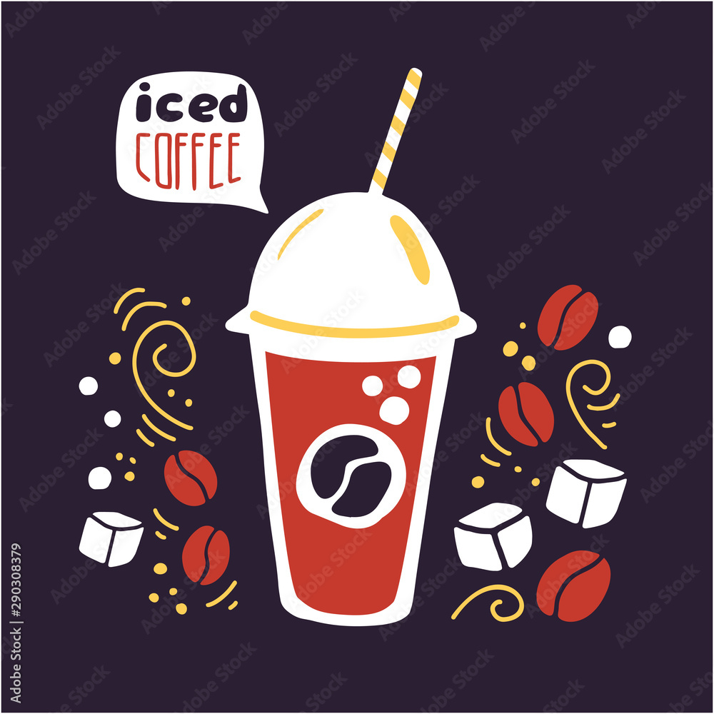 Vector card design Iced coffee. Hand drawn flat doodle objects on dark ...