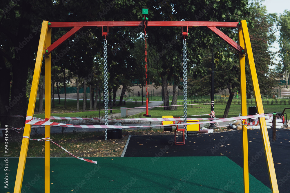 Unfinished children playground in the green park. Fun playground for ...